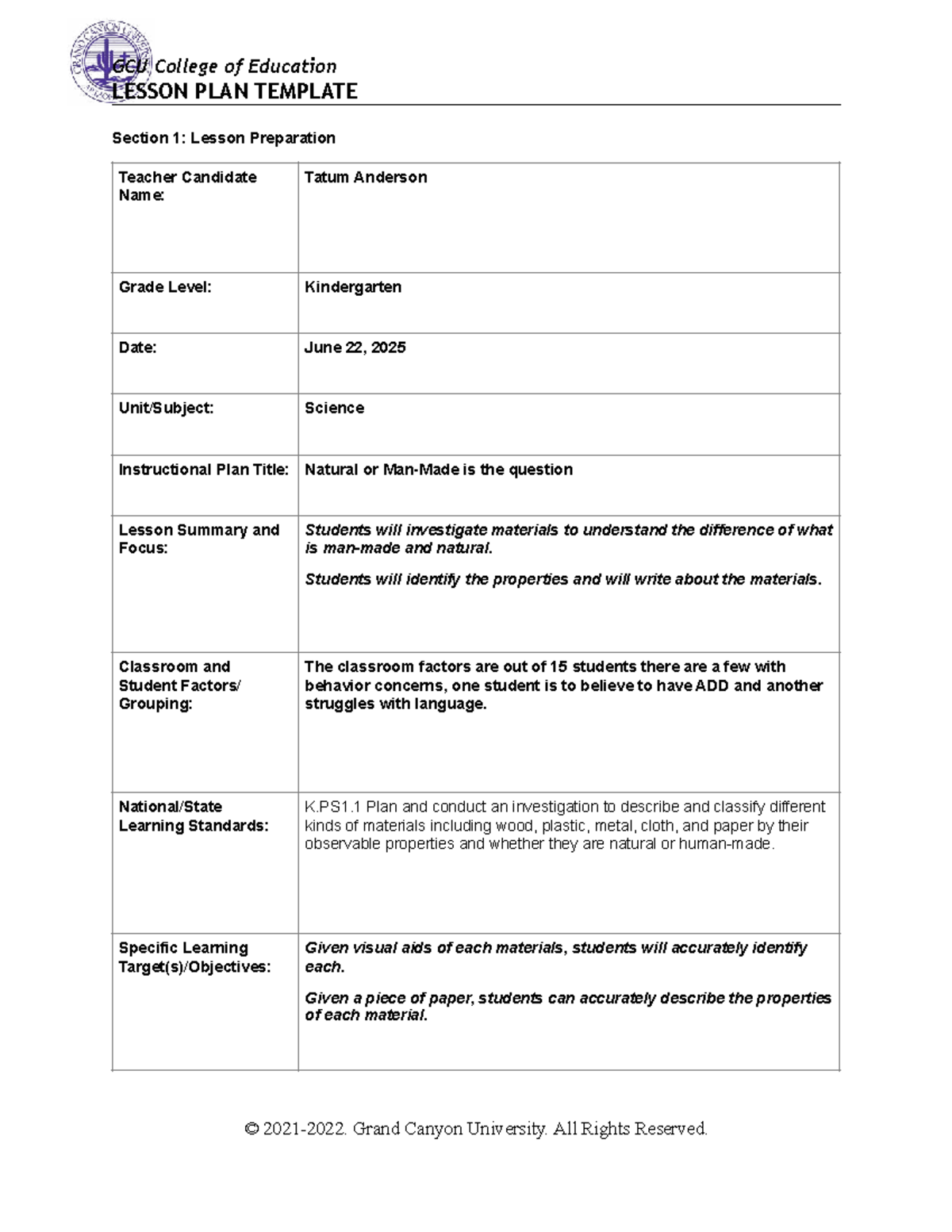 GCU ECE-460 Lesson Plan Template: Exploring Natural vs. Man-Made ...