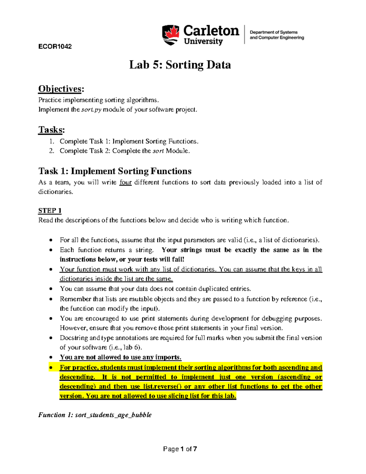 ECOR1042 Lab 5: Implementing Sorting Algorithms in Python - Studocu