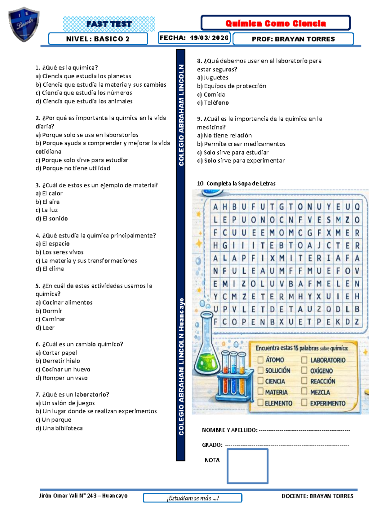 FAST TEST DE QUÍMICA - COLEGIO ABRAHAM LINCOLN - Studocu