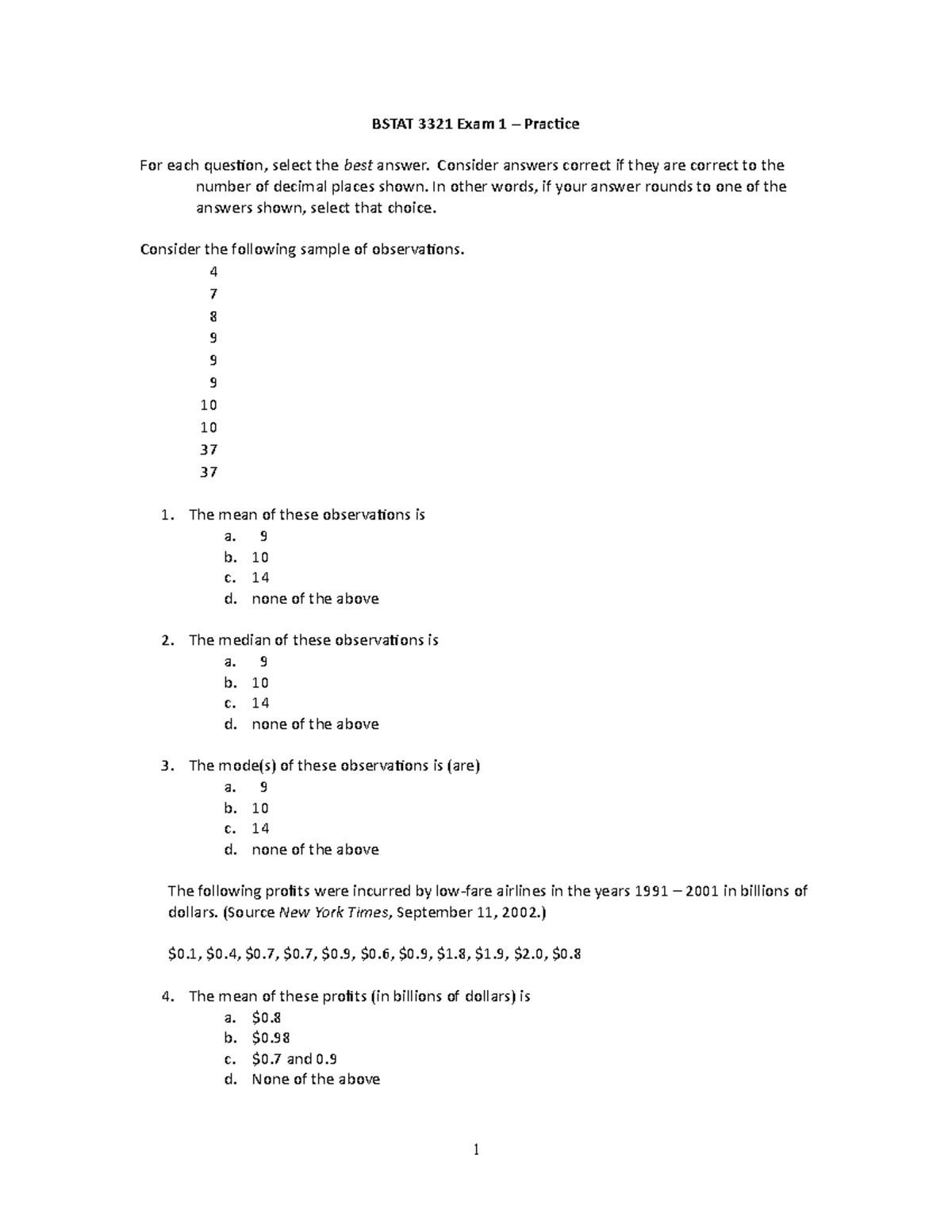 Exam 1 Practice Fall 2021- chapter 1,2,3,4 - BSTAT 3321 Exam 1 ...