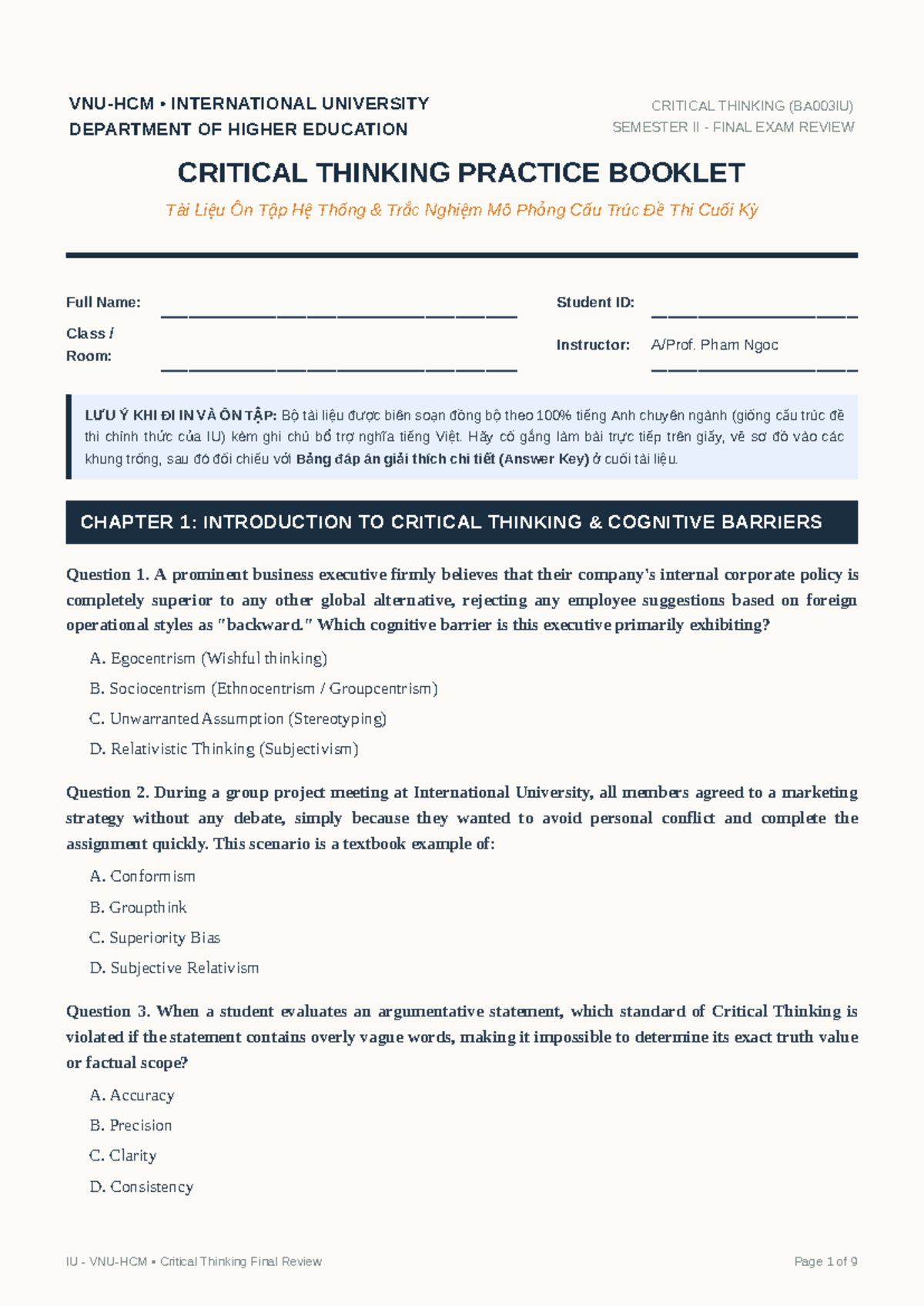 IU Critical Thinking (BA003IU) Semester II Final Exam Review Guide ...