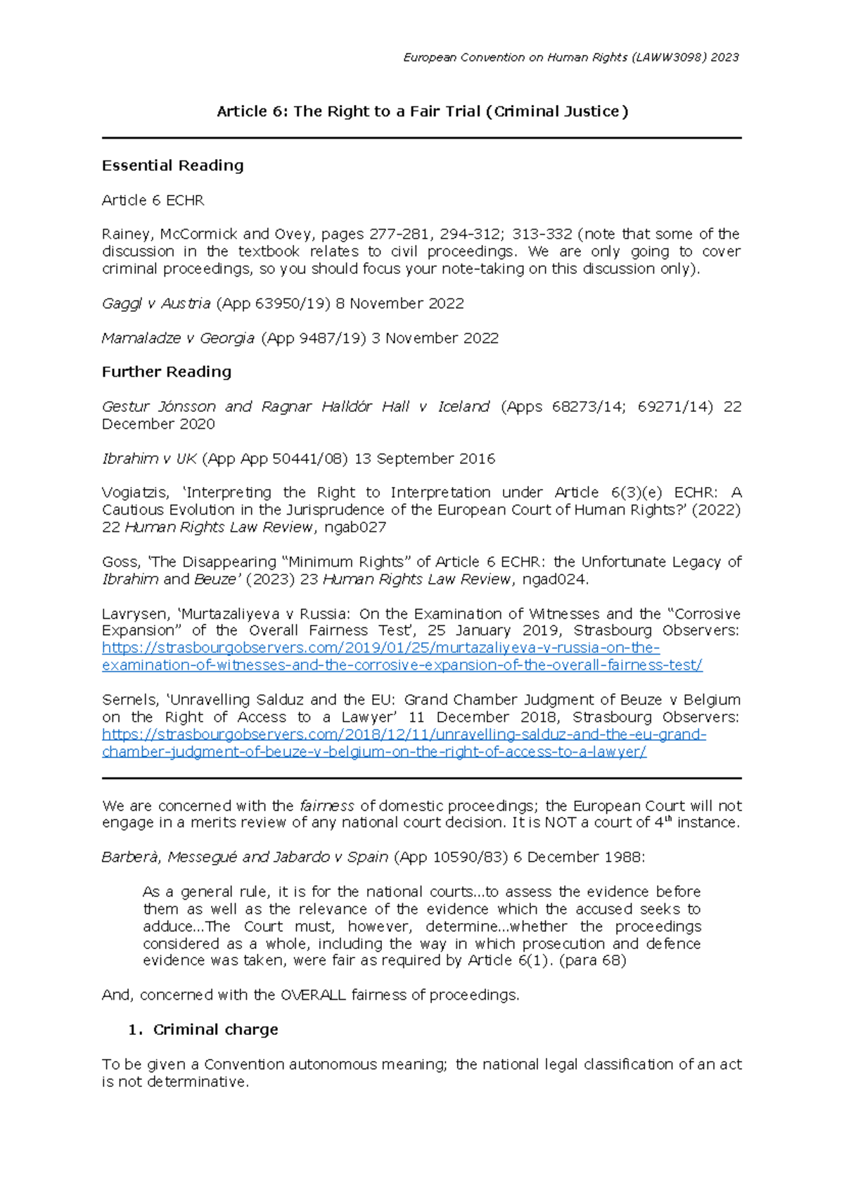 LAWW3098 Article 6 ECHR: Right to a Fair Trial - Lecture Notes 2023 ...