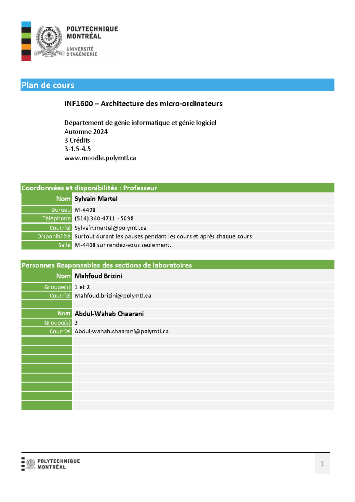 Syllabus INF1600 A24 - Architecture des Micro-ordinateurs Automne 2024 ...