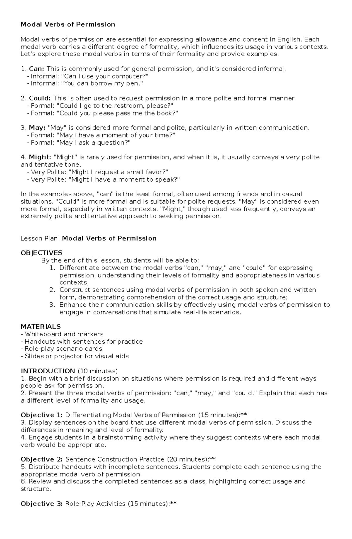 Lesson PLAN ENG 9 Modal Verbs OF Permission - Modal Verbs of Permission ...