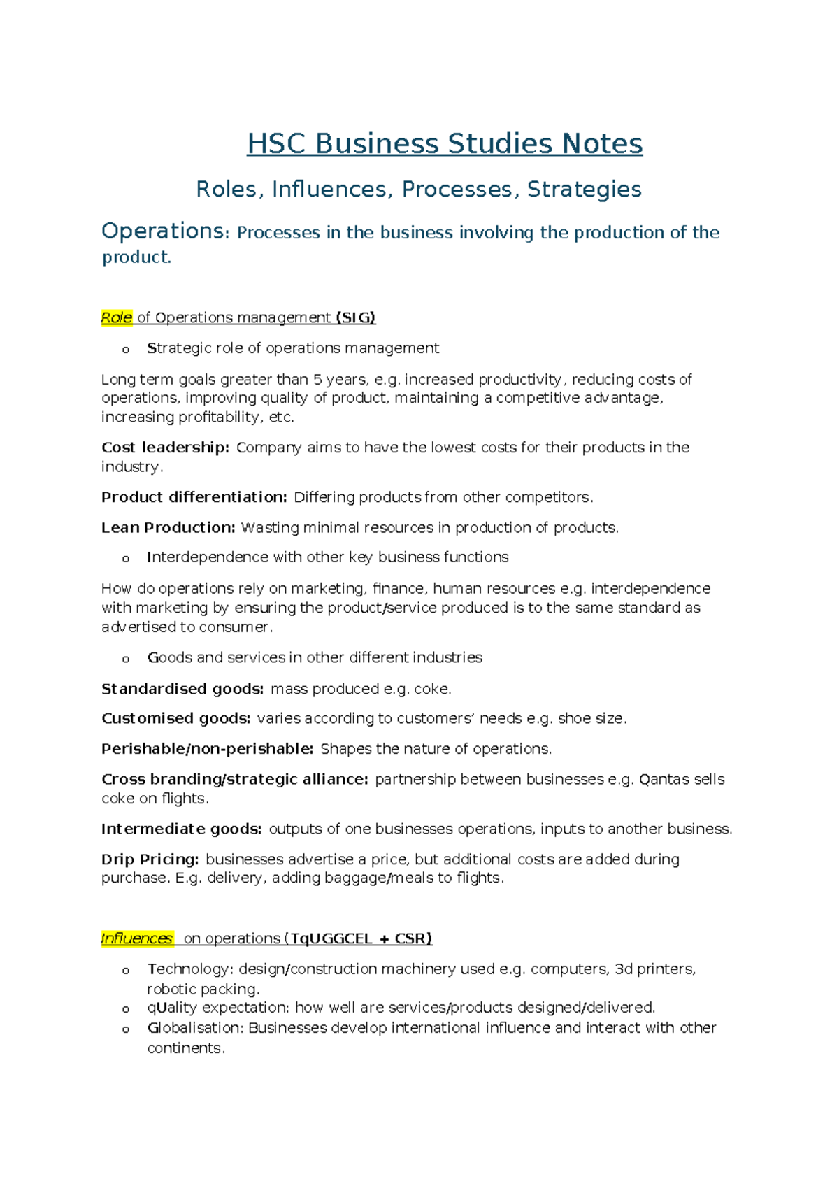 HSC Business Studies Notes: Operations, Marketing, and HRM Strategies ...