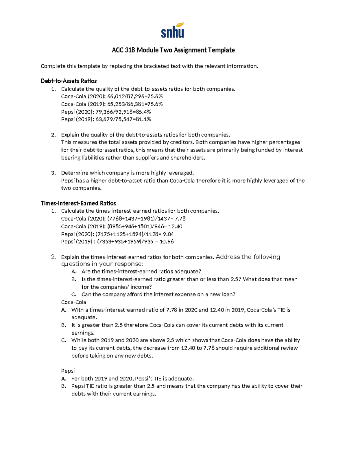 ACC 318 Module Two Assignment - Debt-to-Assets Ratios 1. Calculate the ...