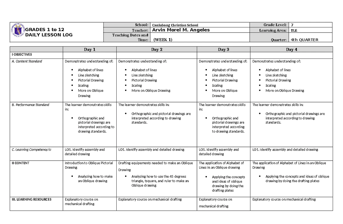 Lesson Plan: Drafting Skills for Original Design (TLE Grade 7, Q2 ...