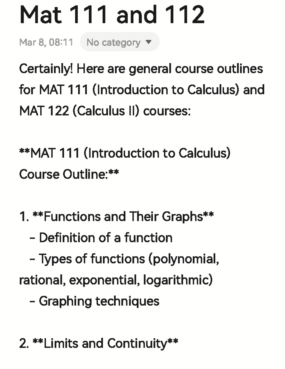 Mat 111 & 112 Course Outlines Overview and Details - Studocu