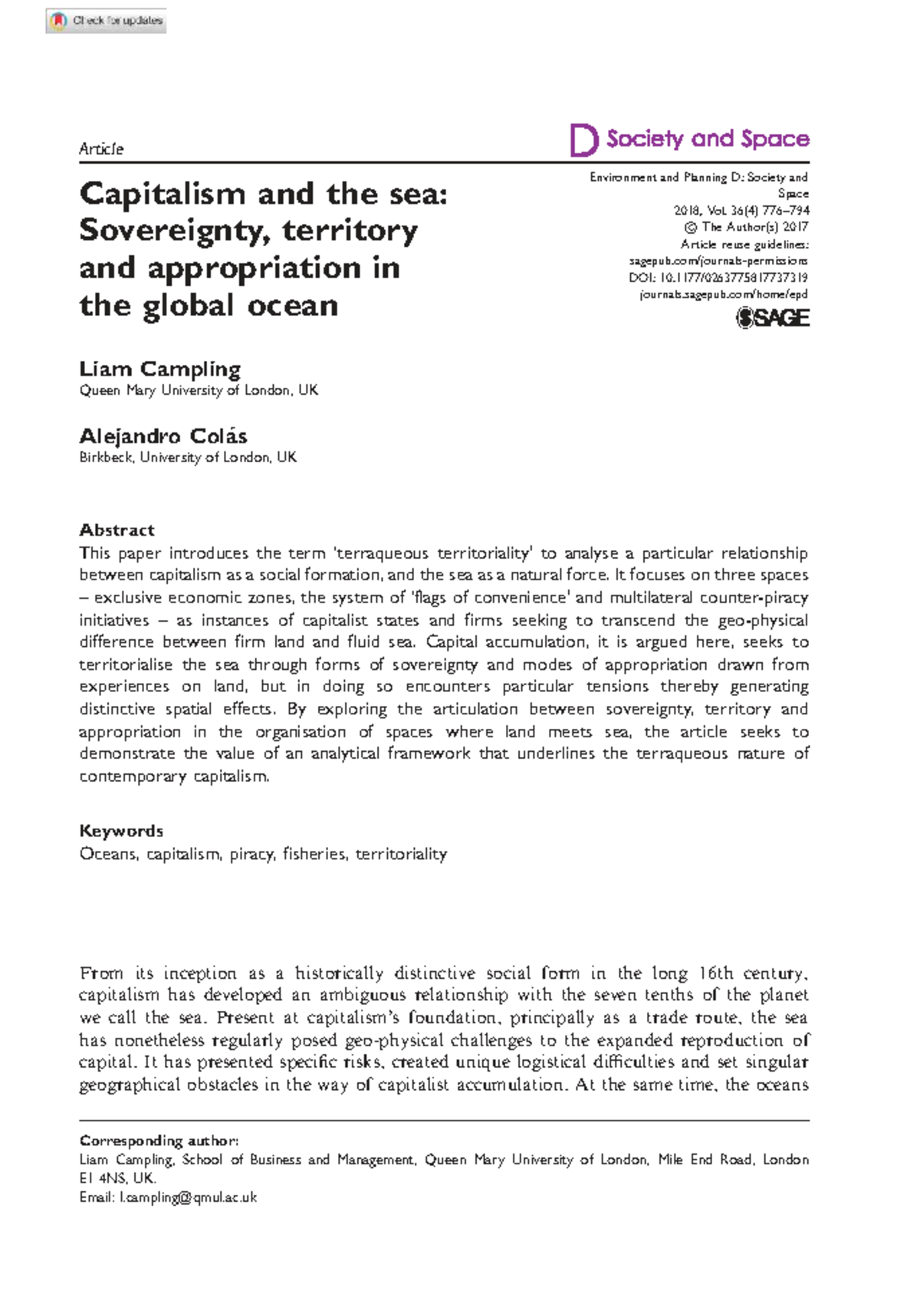 Capitalism and the Sea: Sovereignty and Territoriality - Studocu