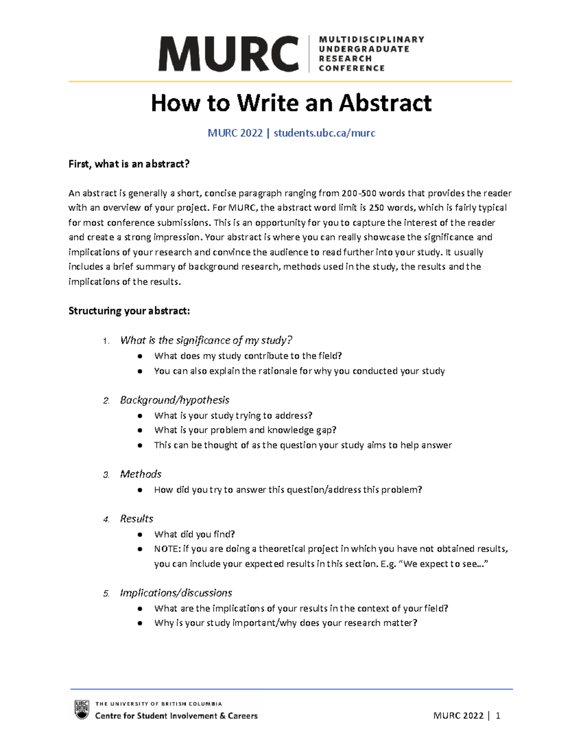 MURC 2022: Guidelines for Writing an Effective Abstract - Studocu