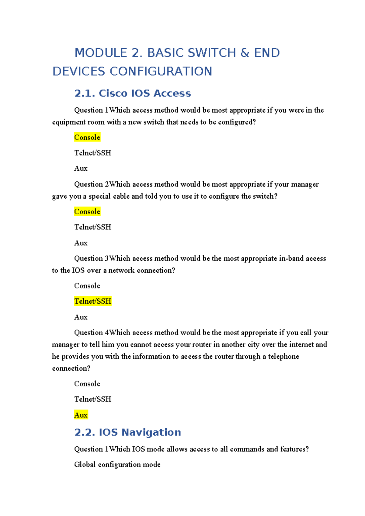 CCNA2 - Module 2: Basic Switch End Devices Configuration Notes - Studocu