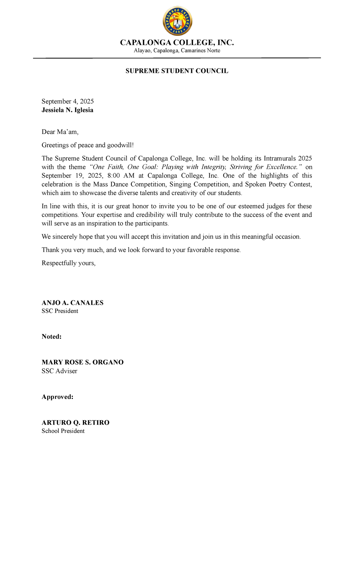 CAPALONGA COLLEGE Intramurals 2025 Invitation Letter - Studocu