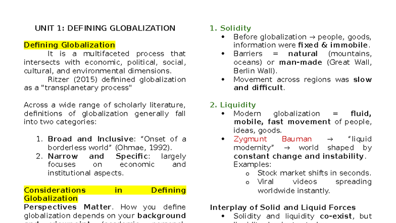 GE 7 II Reviewer - UNIT 1: DEFINING GLOBALIZATION Defining Globalization It is a multifaceted ...