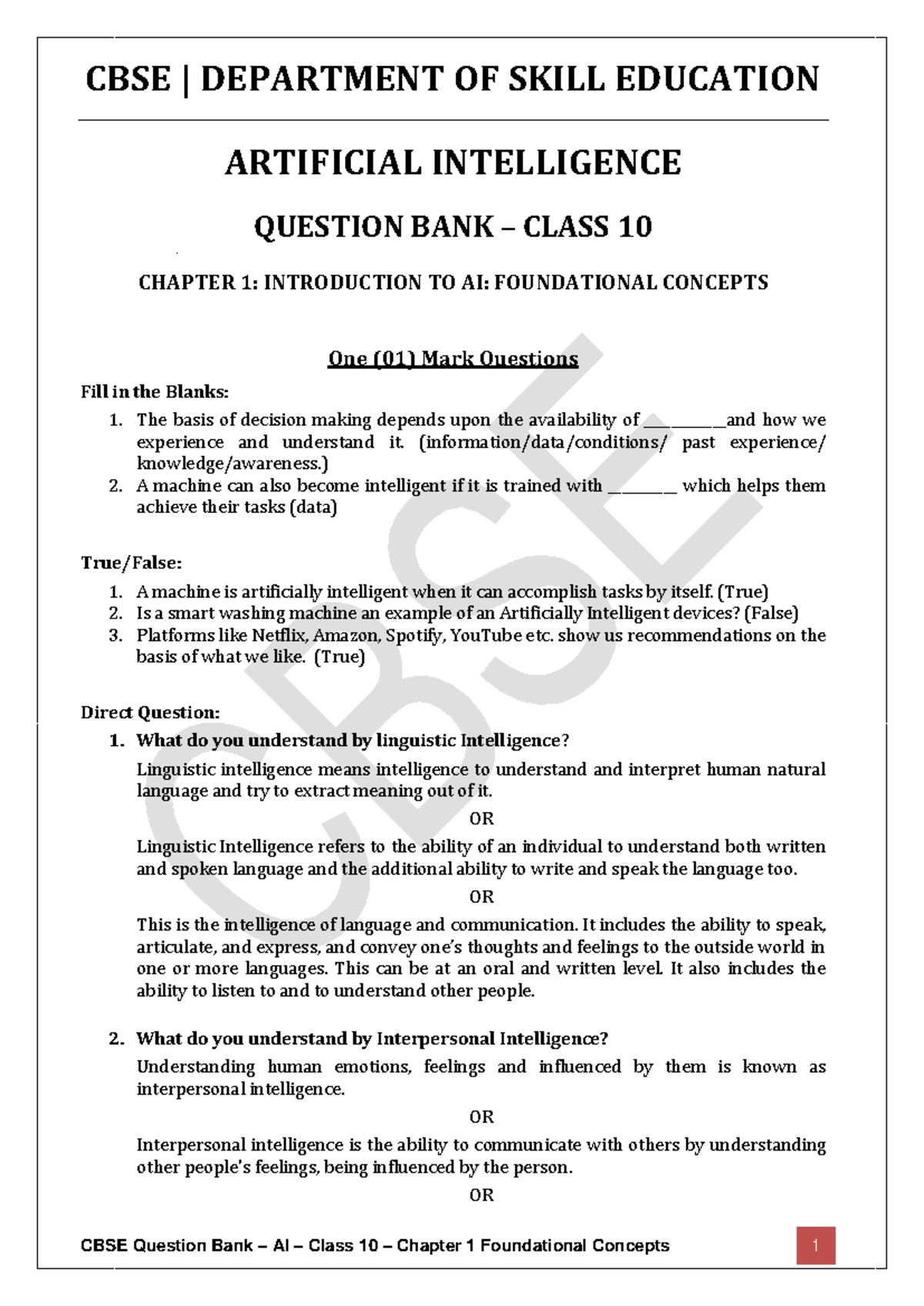 CBSE AI Class 10 Question Bank: Chapter 1 - Intro to AI Concepts - Studocu