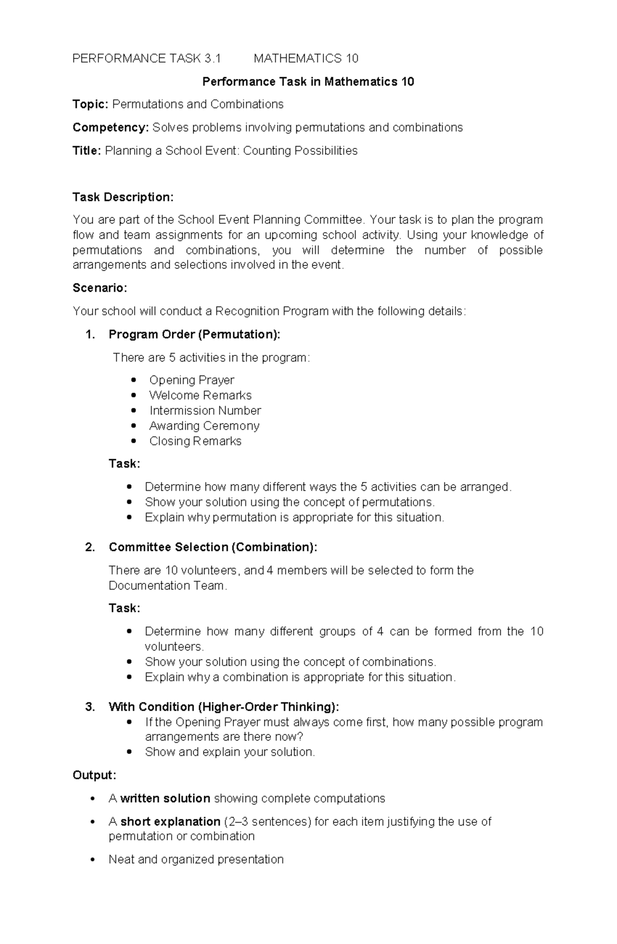 PERFORMANCE TASK 3.1 MATHEMATICS 10: Event Planning with Permutations ...
