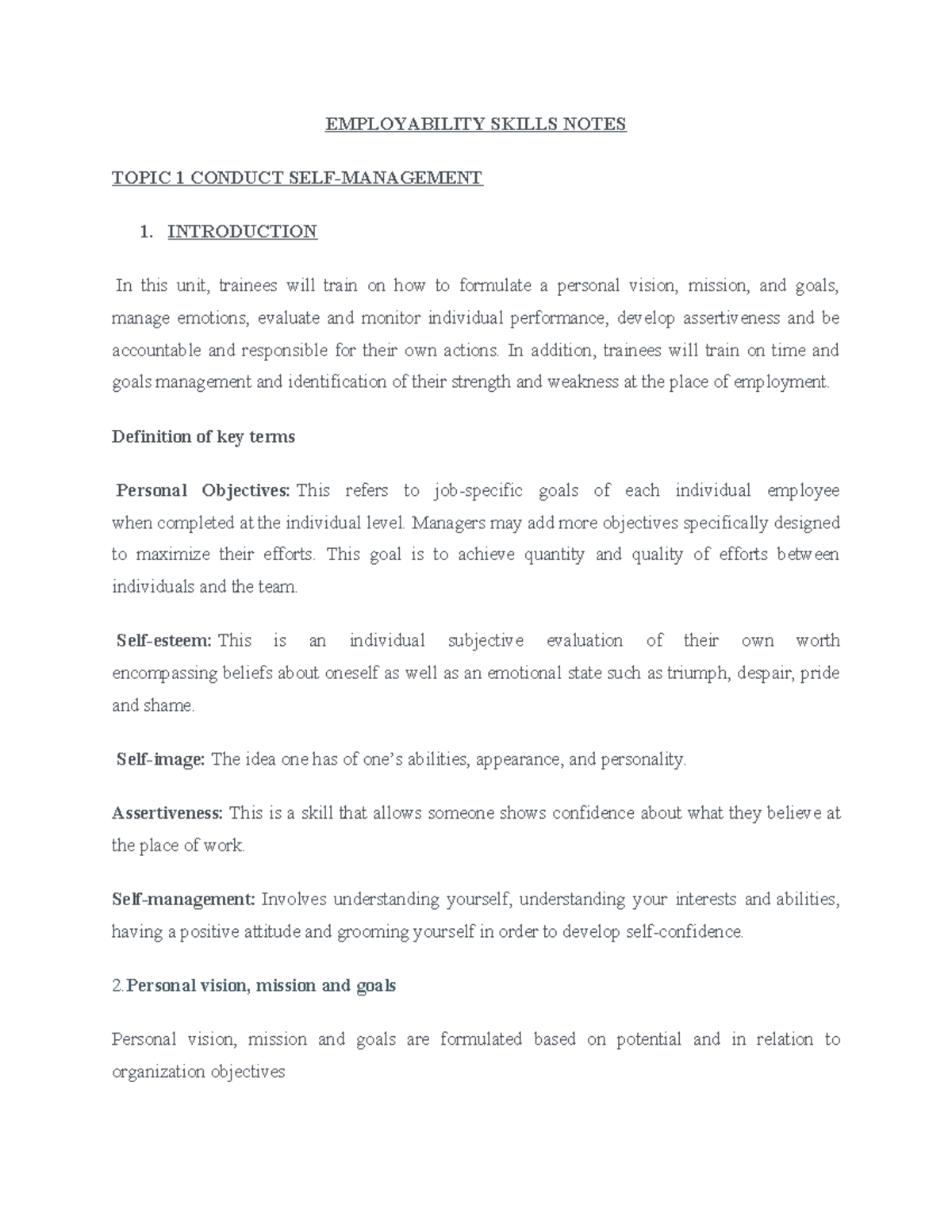 Employability Skills Notes - Self-Management and Communication ...