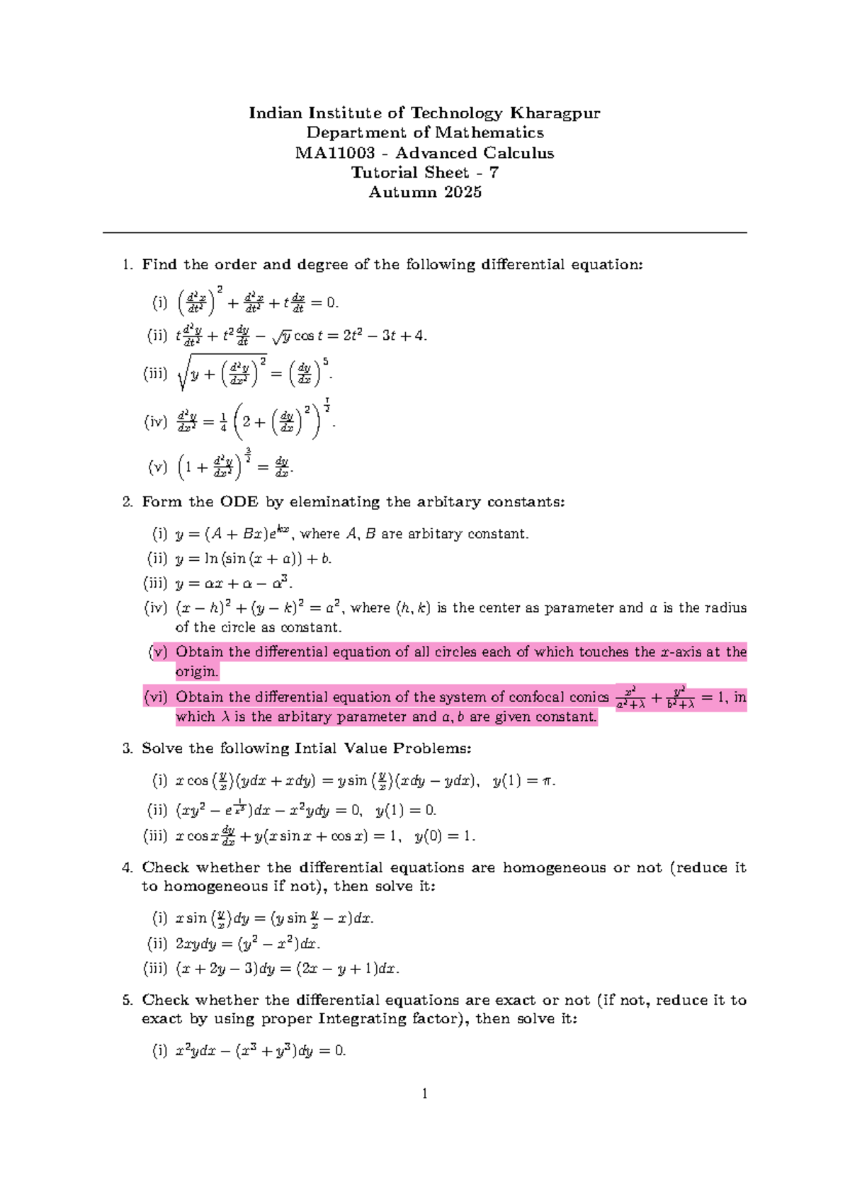 MA11003 Advanced Calculus Tutorial Sheet 7 - Autumn 2025 - Studocu