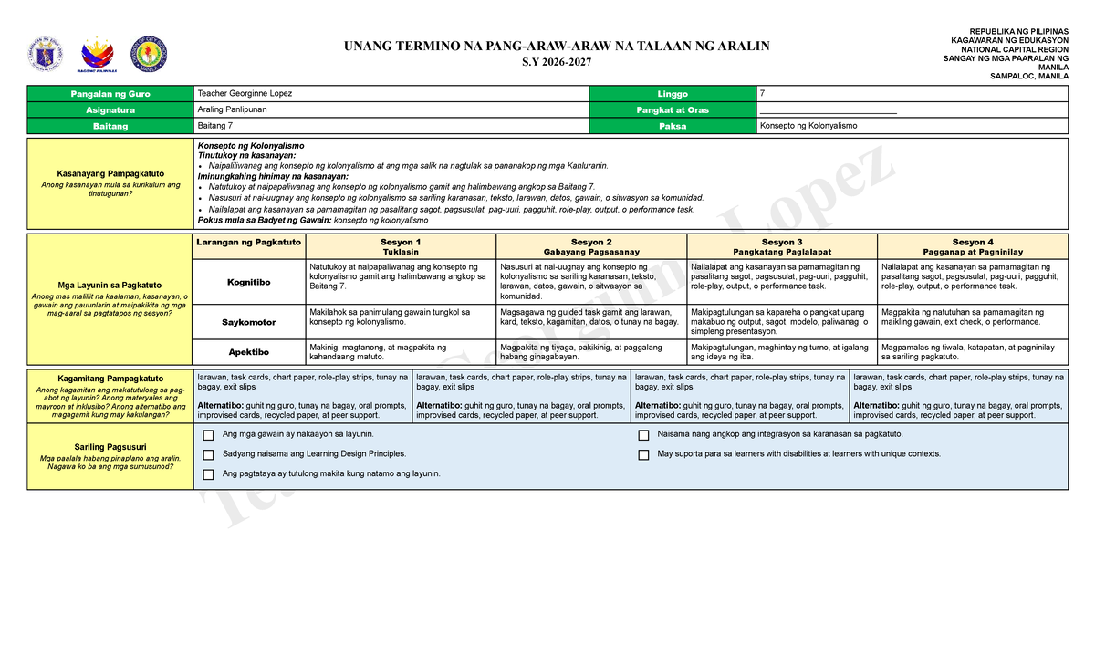G7 First Term AP Lesson Plan: Kolonyalismo Concepts - Studocu