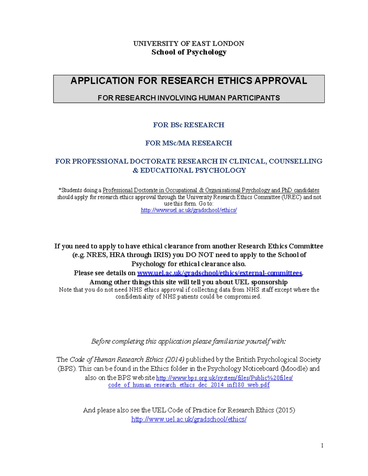 Ethics Application Form Example - UNIVERSITY OF EAST LONDON School of ...