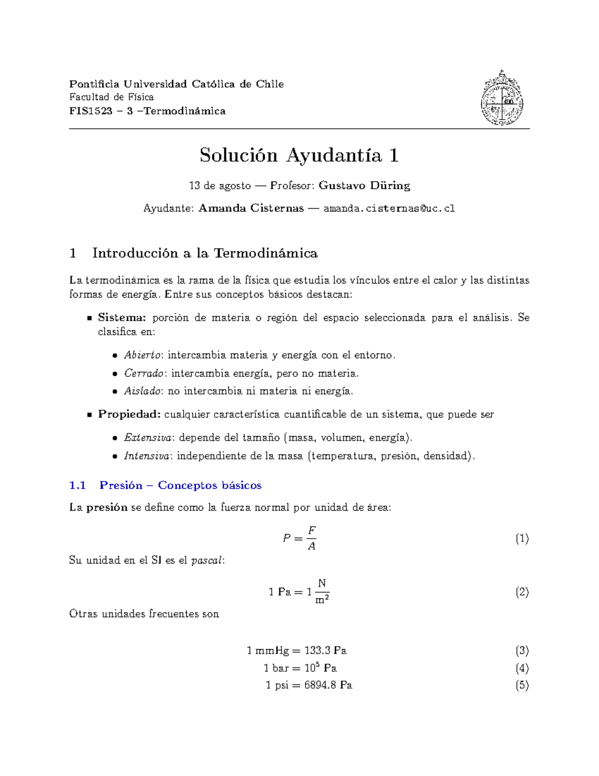 FIS1523 Solución Ayudantía 1: Introducción a la Termodinámica - Studocu