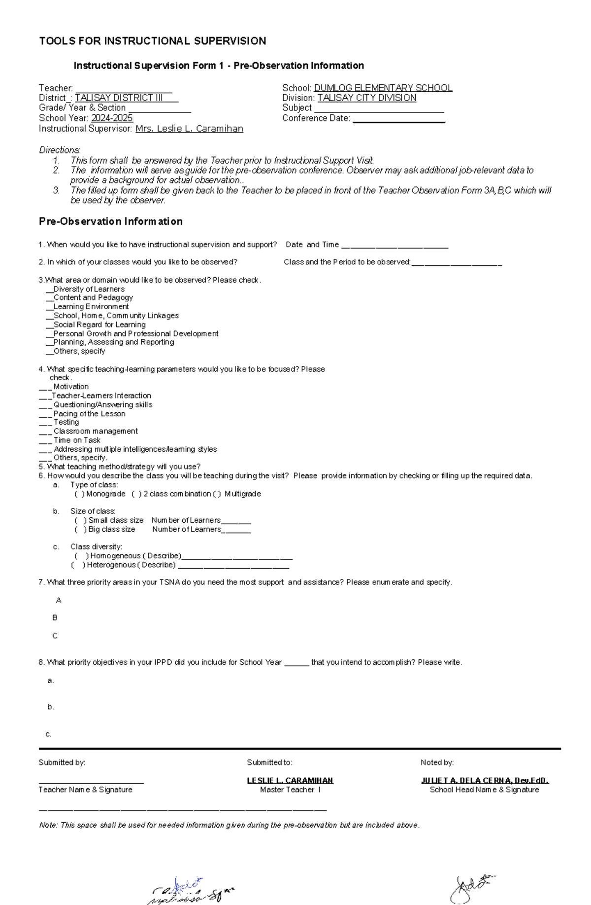 Instructional Supervision Forms: Pre & Post Observation Guide (2024 ...