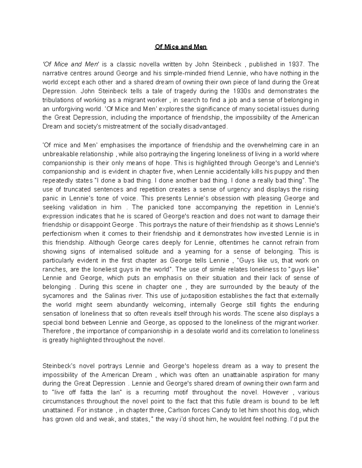 ENG 101: 'Of Mice and Men' - Literary Analysis of Friendship and Dreams ...