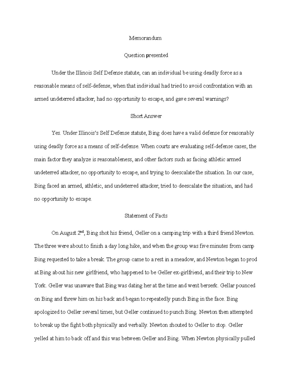 Memorandum for Jeff Bing self defense stuation - Memorandum Question ...