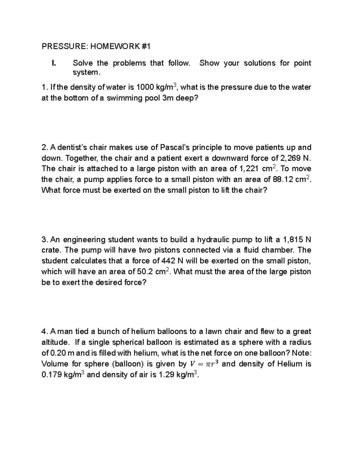 Pressure: Homework I - Fluid Mechanics Problems and Solutions - Studocu