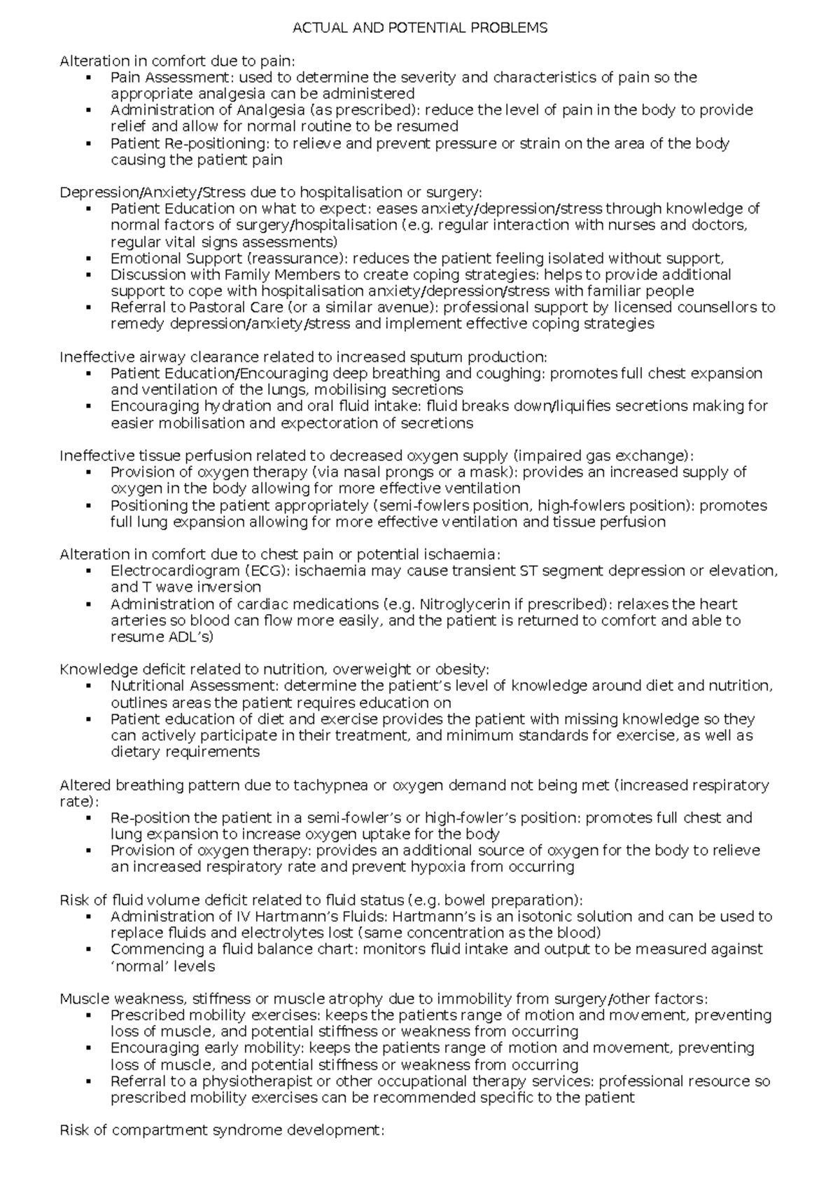 A&P - Actual & Potential Problems with Rationale in Patient Care - Studocu