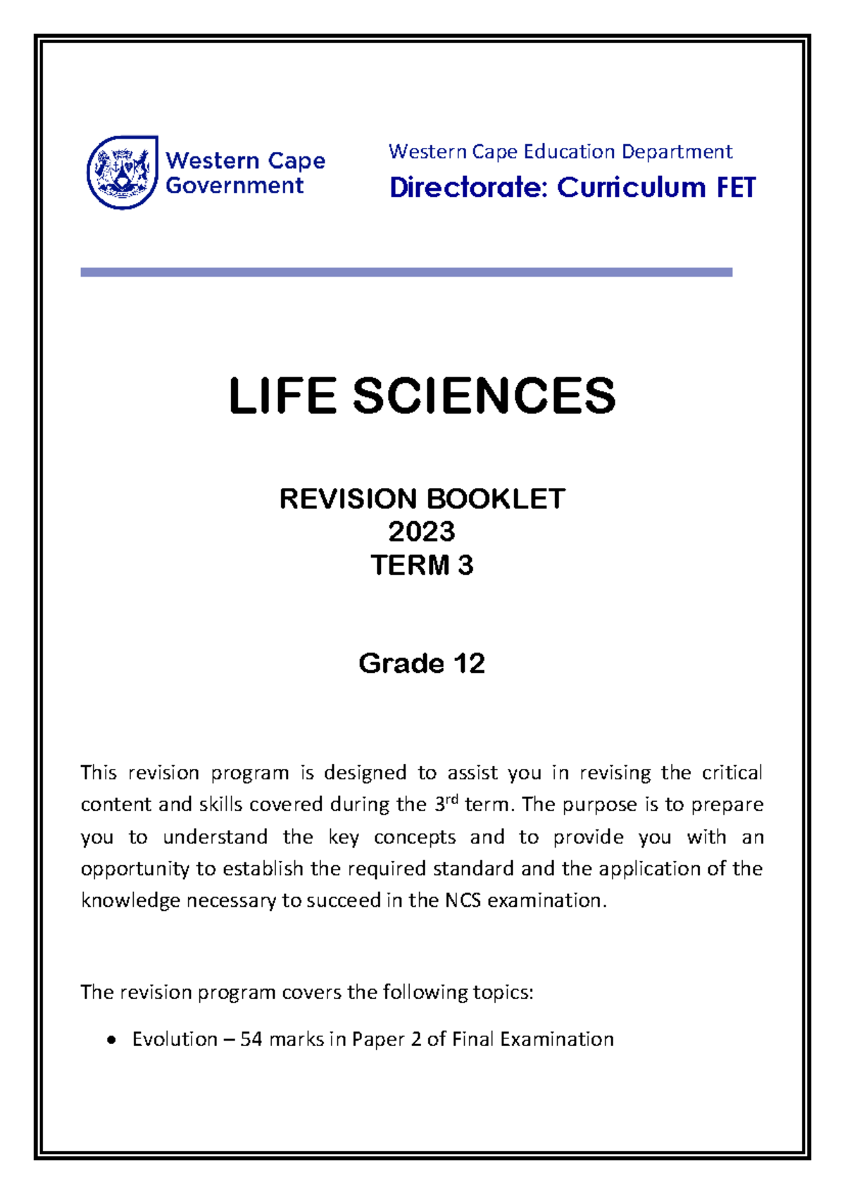Grade 12 Life Sciences Revision Booklet for Term 3 - 2023 - Studocu