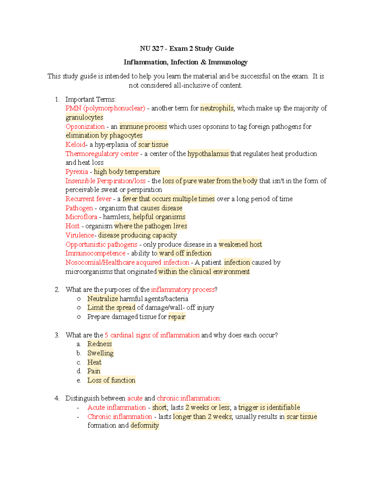 Exam 2 Study Guide - NU 327 - Exam 2 Study Guide Inflammation, Infection & Immunology This study ...
