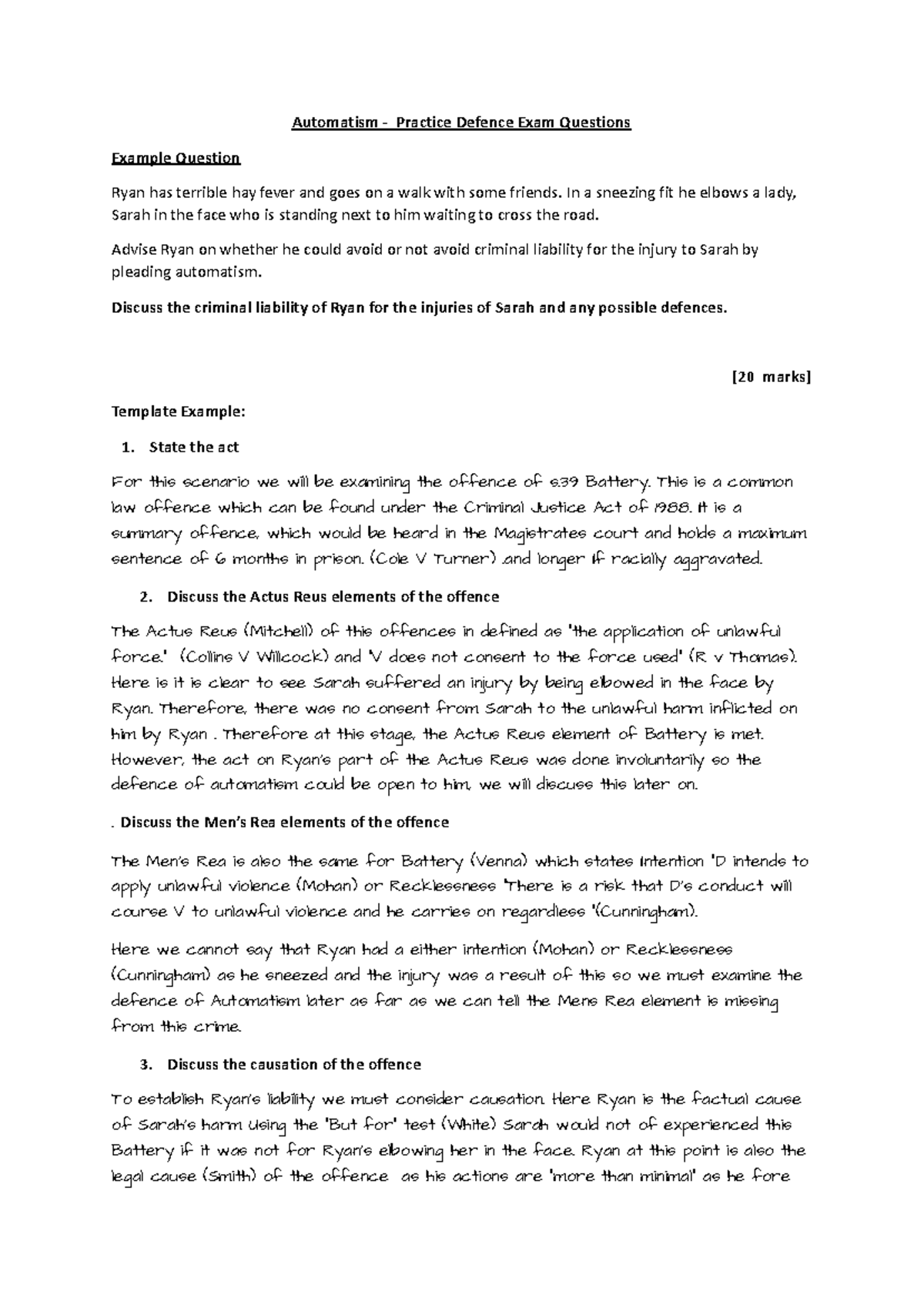Automatism Defence in Criminal Liability - Exam Practice Q&A - Studocu