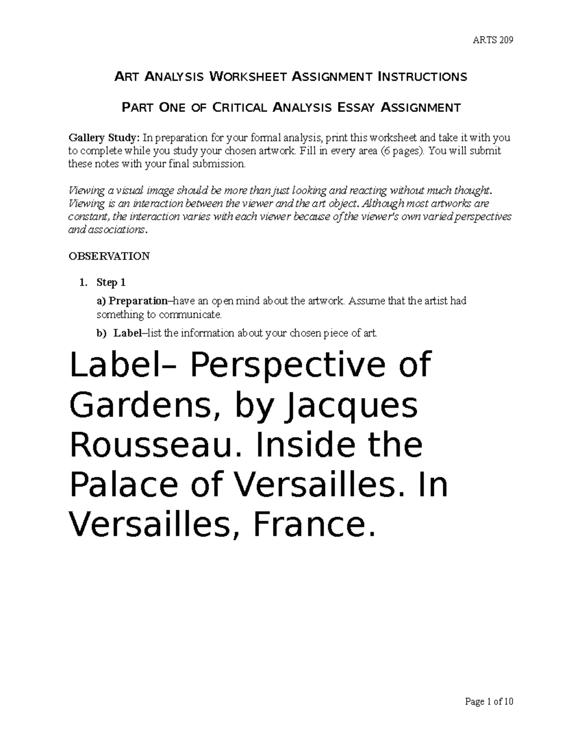 Art Analysis Worksheet (Critical Analysis Essay) Instructions - Studocu