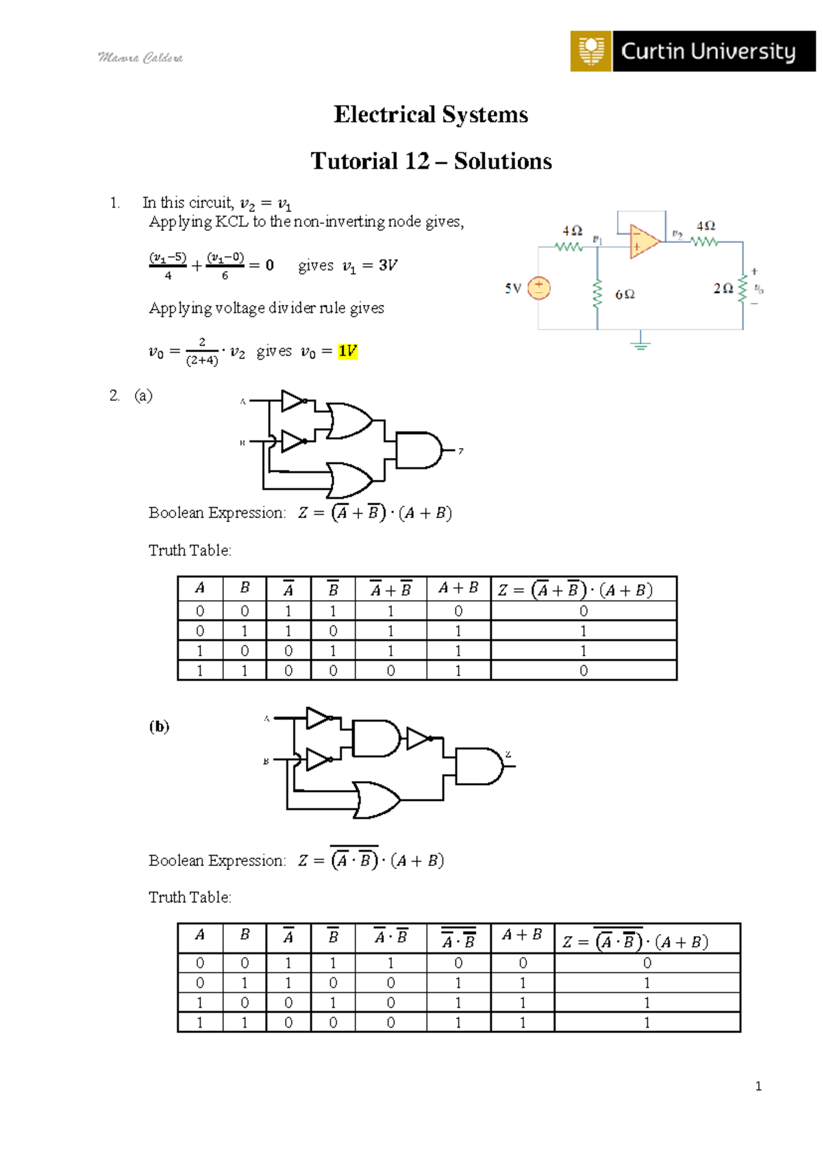 Solutions Tutorial 12 revision - Electrical Systems Tutorial 12 ...