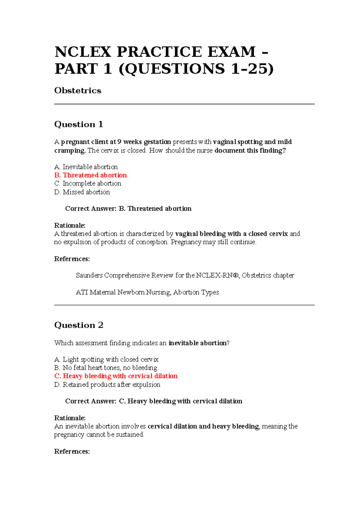 NCLEX PRACTICE EXAM PART 1: OBSTETRICS QUESTIONS & RATIONALES - Studocu