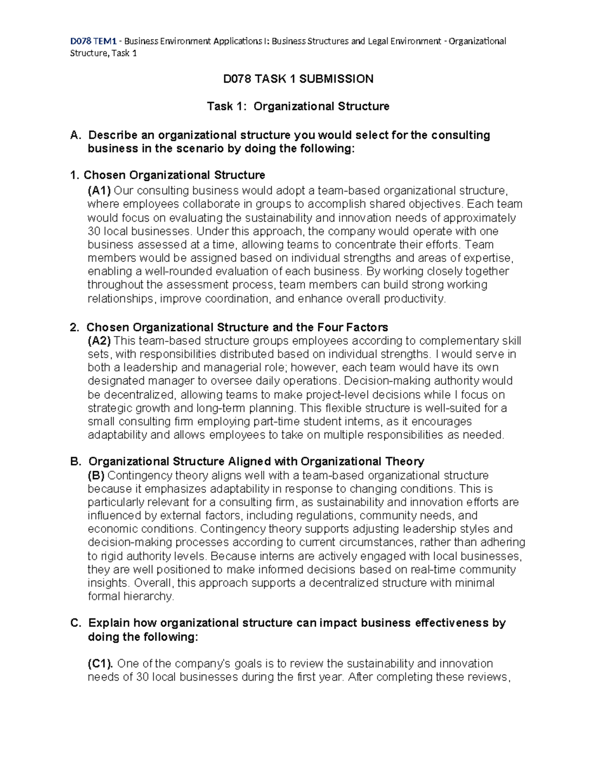 D078 TEM1 Business Environment: Task 1 - Organizational Structure ...