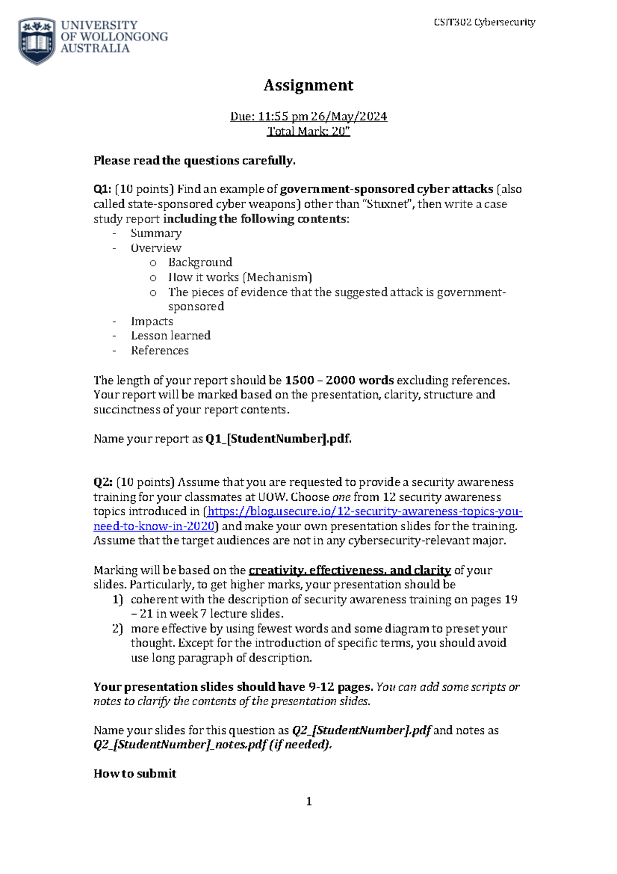CSIT302 Assignment: Cybersecurity Case Study & Training Presentation - Studocu