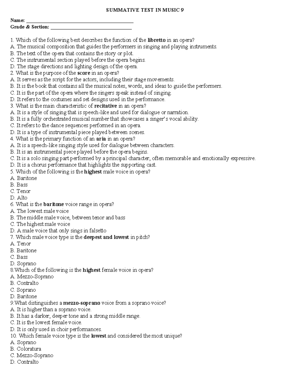 summative test in music 9 - SUMMATIVE TEST IN MUSIC 9 Name: - Studocu