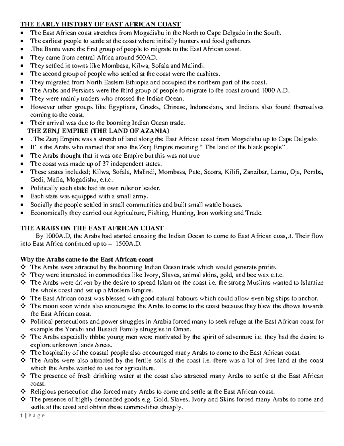 History Study Notes on East African Coast Developments (S1-S4) - Studocu