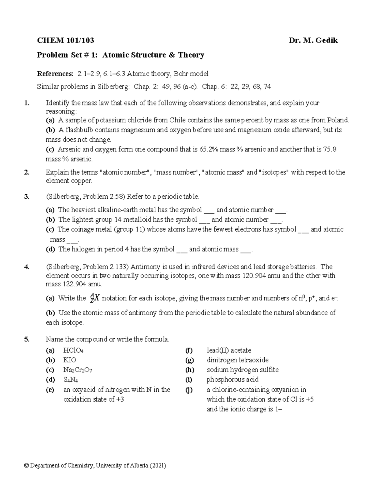 CHEM 101 Problem Set 1: Atomic Structure & Theory Concepts - Studocu