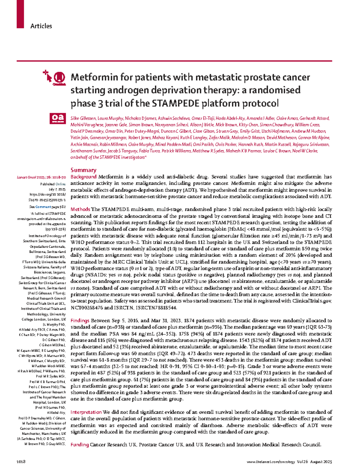 Metformin in Metastatic Prostate Cancer: STAMPEDE Phase 3 Trial Results ...