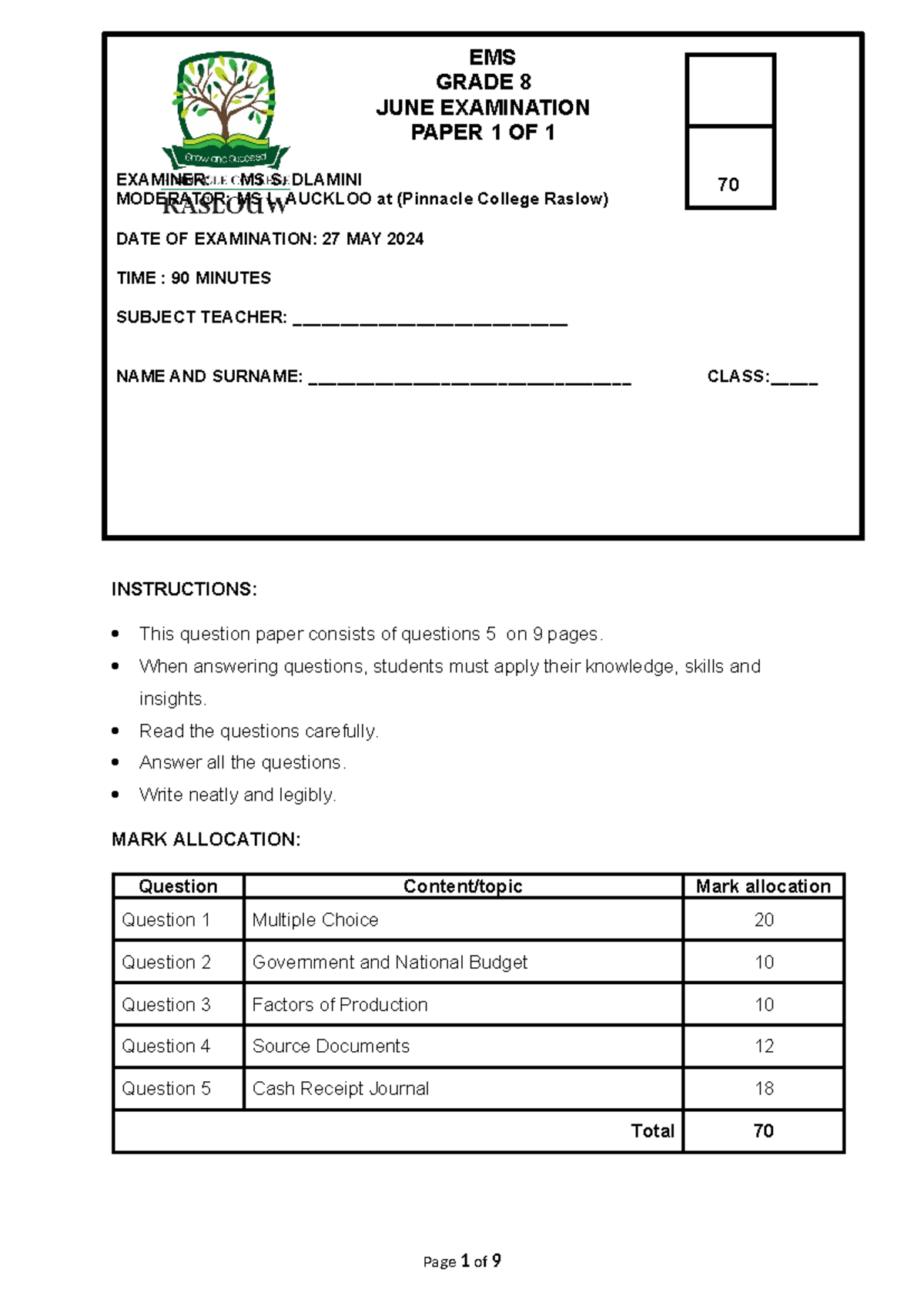 Grade 8 EMS June Exam - Comprehensive EMS Coverage - Studocu
