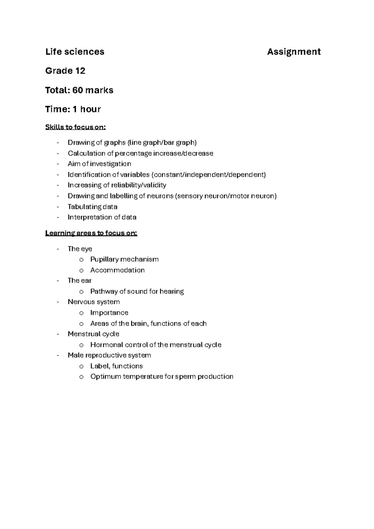 Life sciences Assignment - Life sciences Assignment Grade 12 Total: 60 ...