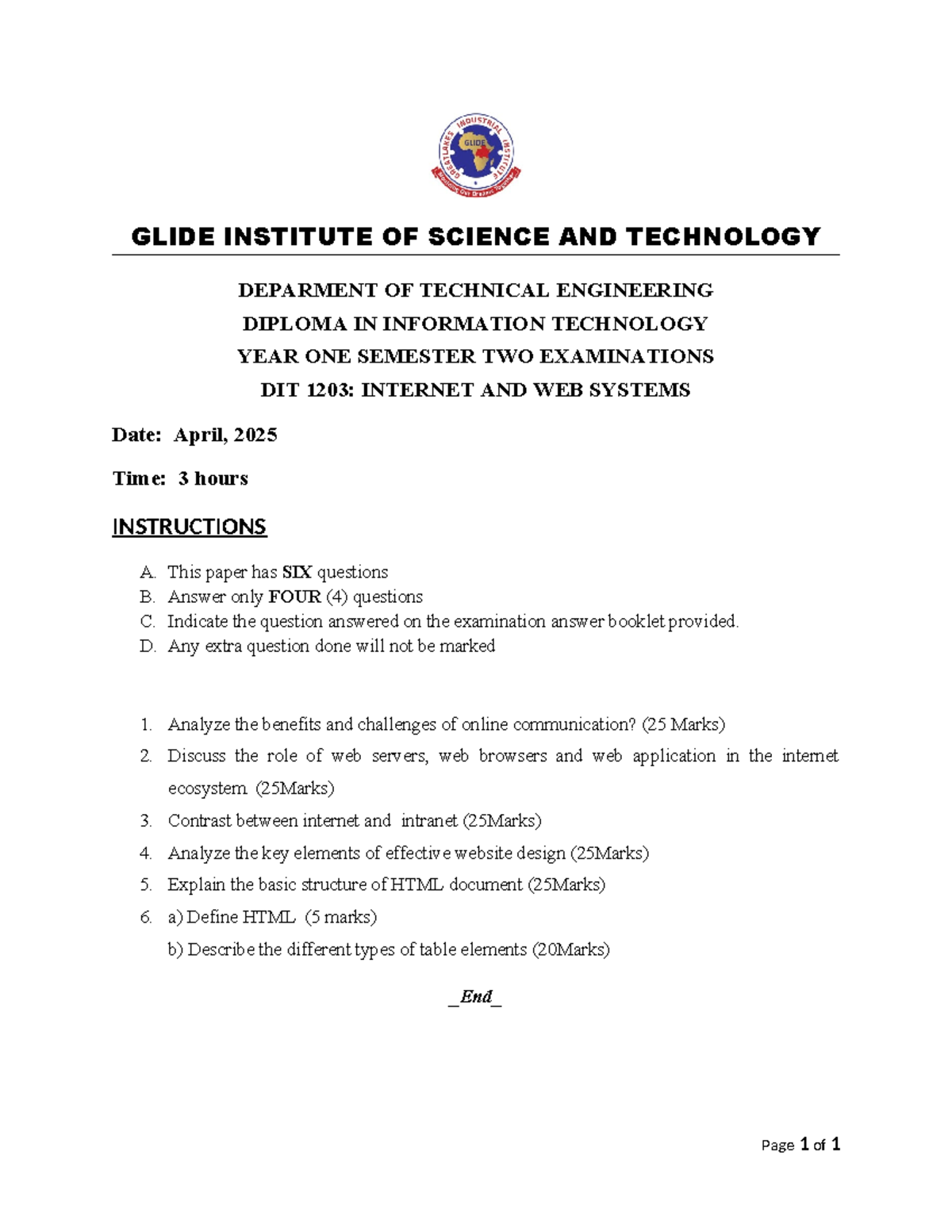 DIT 1203: Internet and Web Systems Exam Paper - April 2025 - Studocu