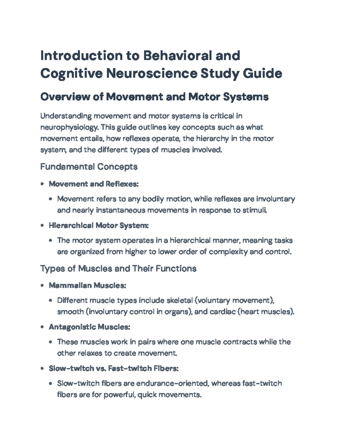 Study Guide: Movement, Motor Systems, and Sensory Pathways in ...