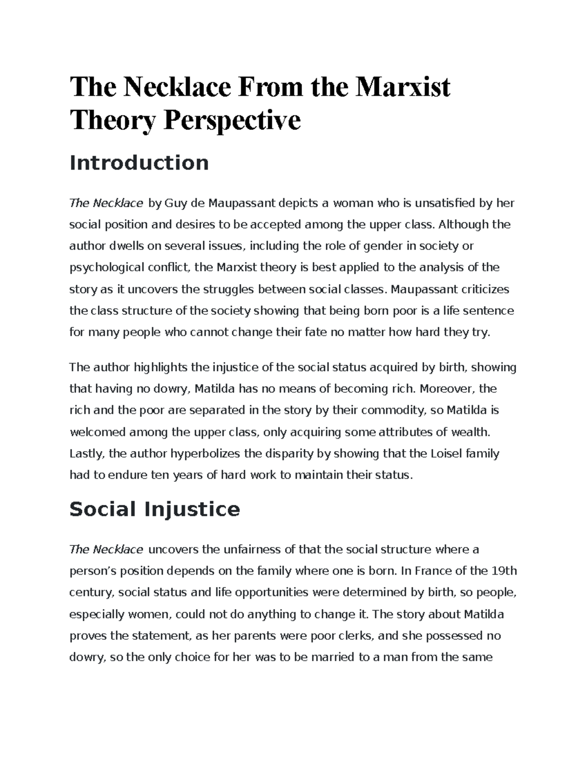 Analyzing "The Necklace" Through a Marxist Lens: Social Class Struggles ...
