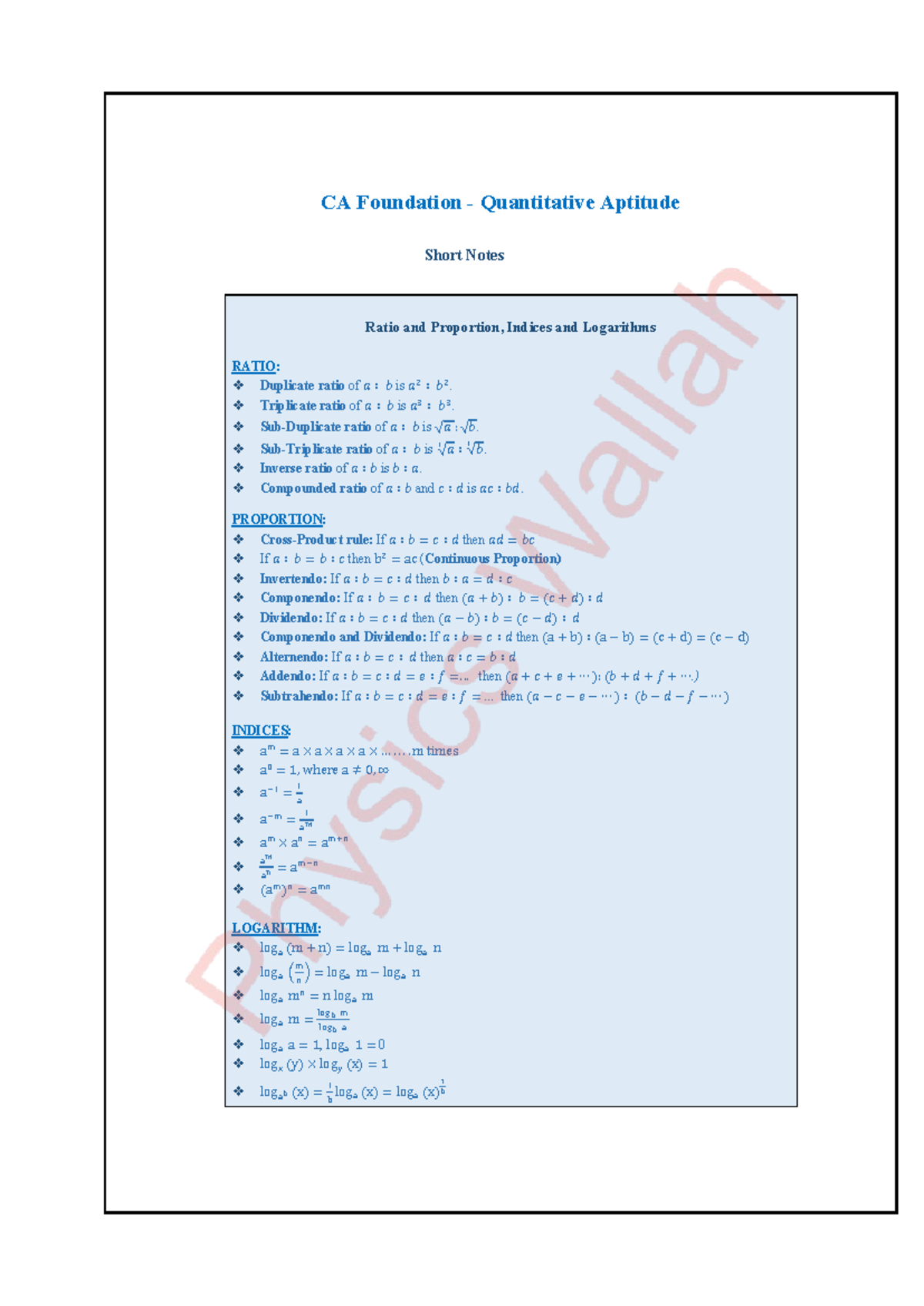 CA Foundation Quantitative Aptitude Short Notes: Ratios, Proportions ...