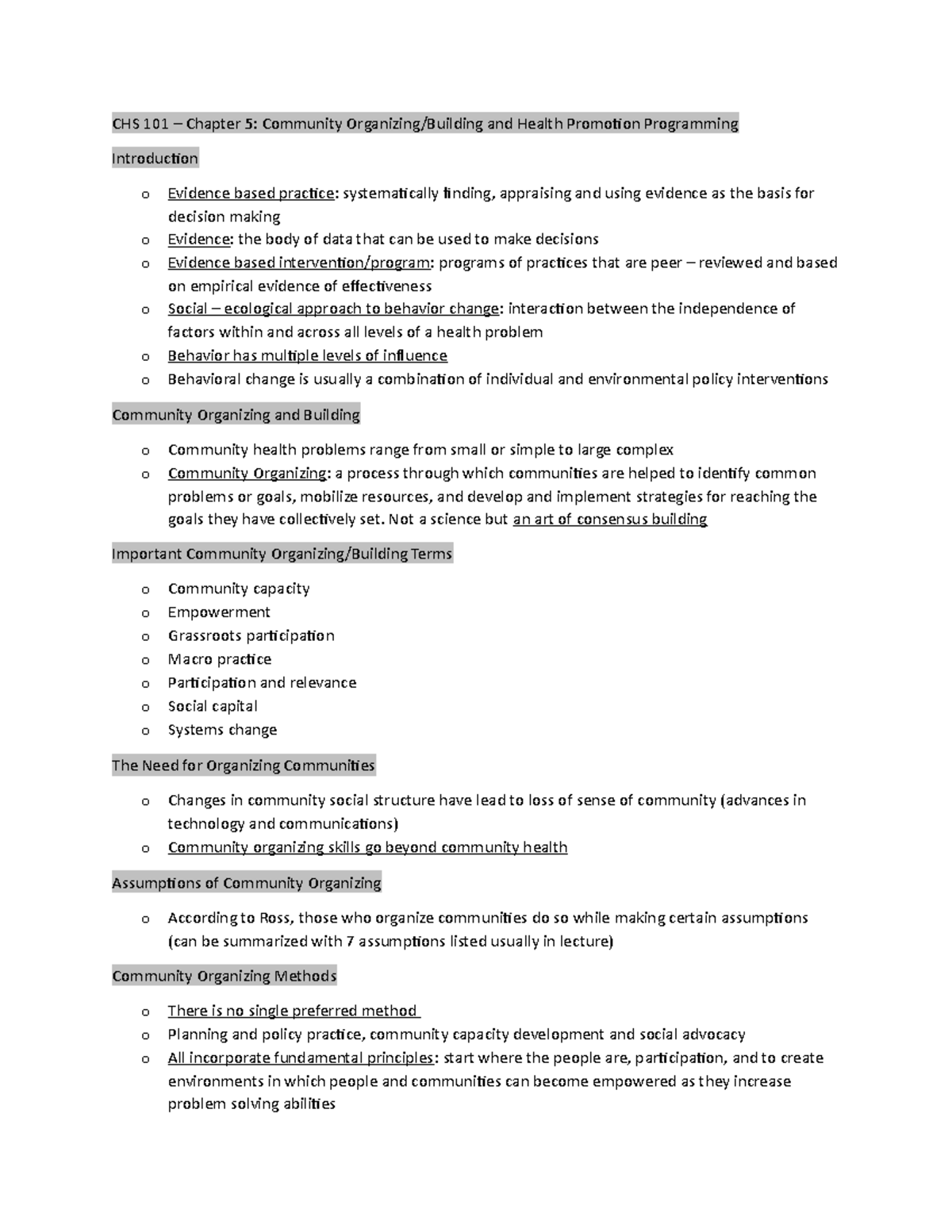 Studocu chapter 5 chs 101 - CHS 101 – Chapter 5: Community Organizing ...
