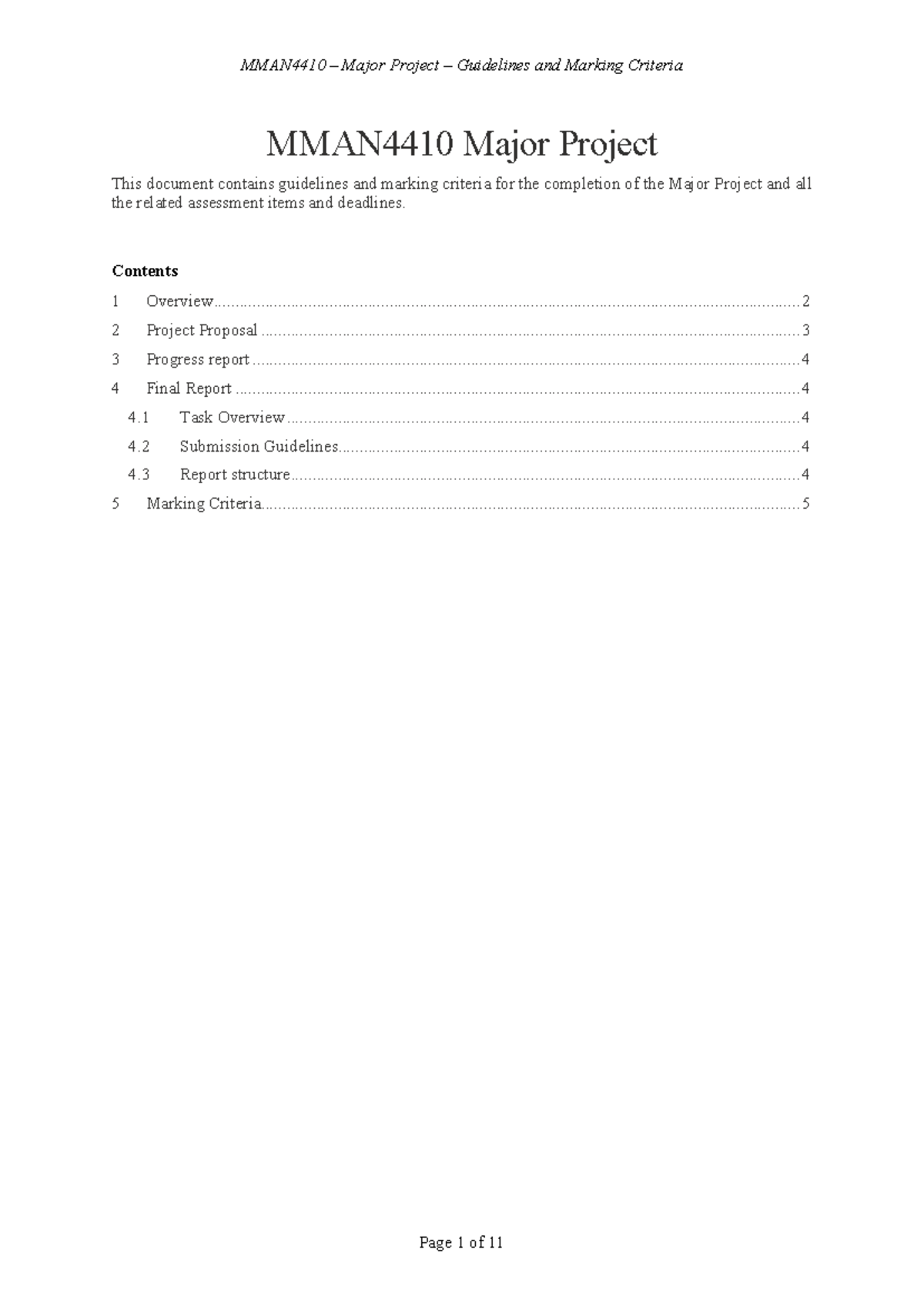 MMAN4410 Major Project: Guidelines & Marking Criteria Overview - Studocu