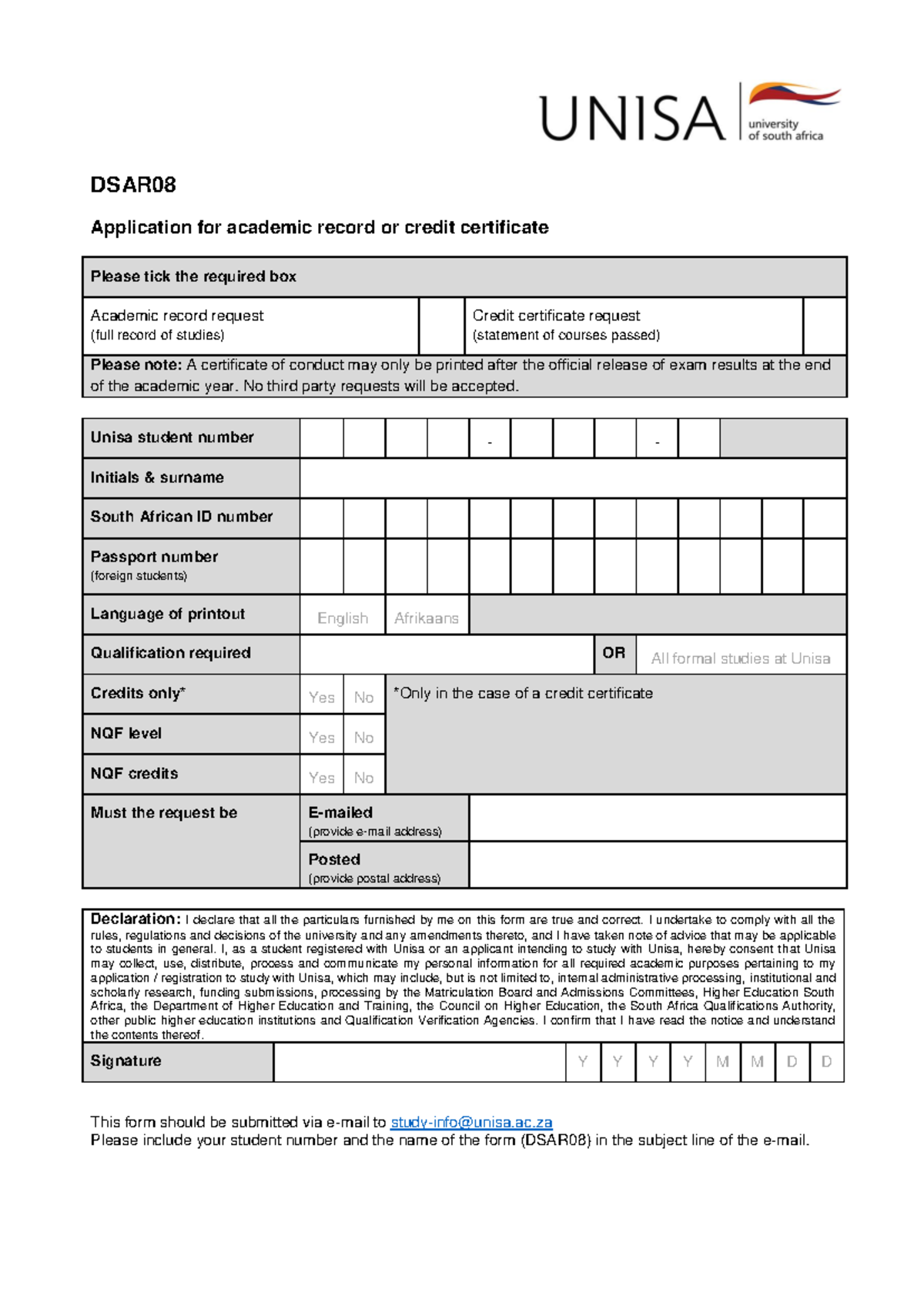 Unisa-DSAR08 - Summary of Academic Record and Credit Requests - Studocu